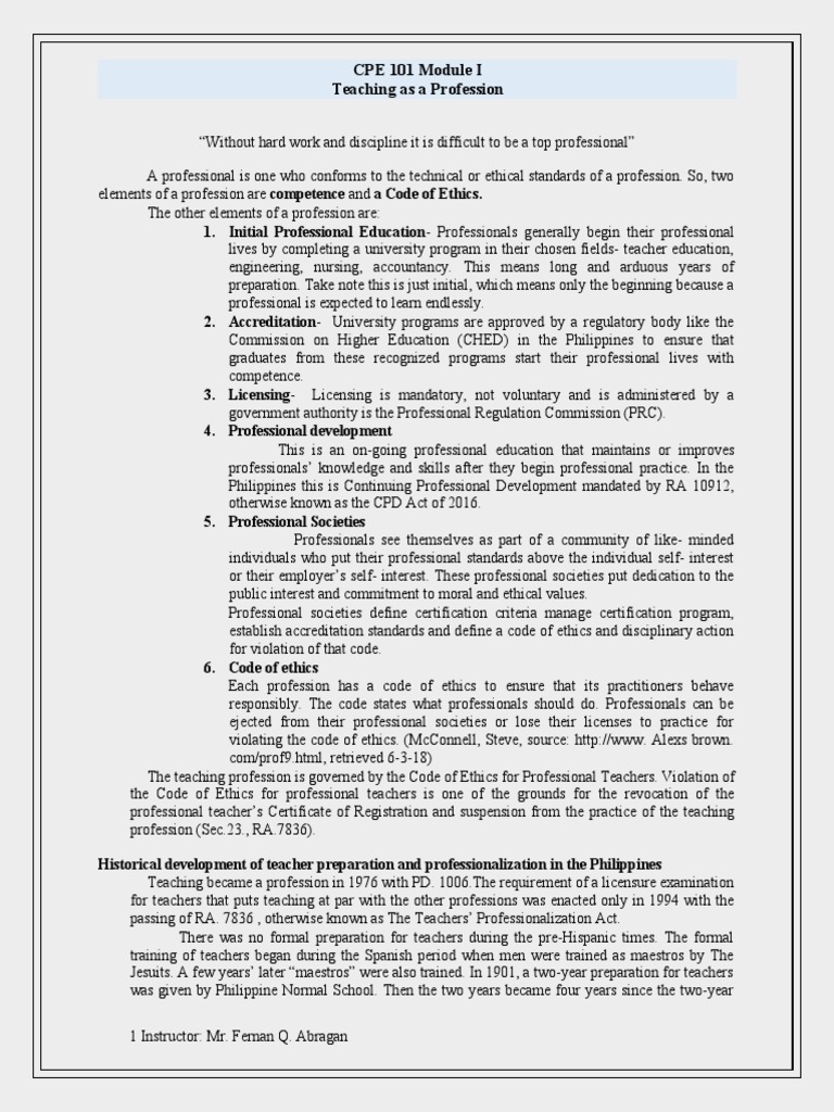 CPE 101 Module I Teaching As A Profession | PDF | Teachers | Mentorship