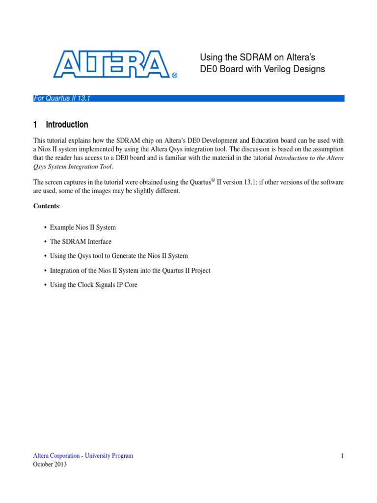 Using The SDRAM On Altera's DE0 Board With Verilog Designs: For Quartus II 13.1 | Download Free ...