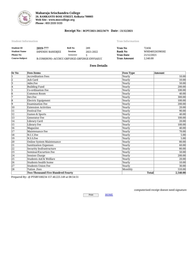 Maharaja Srischandra College: Student Information Tran Information | PDF