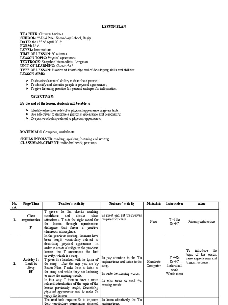 Lesson Plan: Describing Physical Appearance | PDF | Lesson Plan | Learning