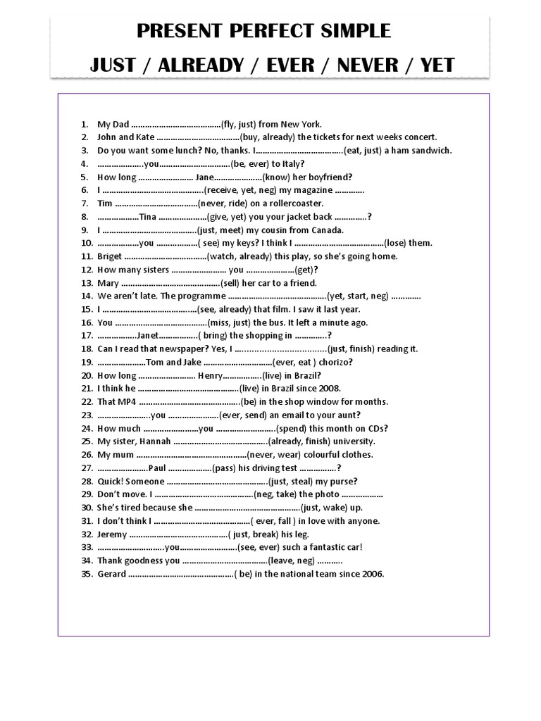 Present Perfect with Just, Already, Yet | PDF | Games & Activities | Art