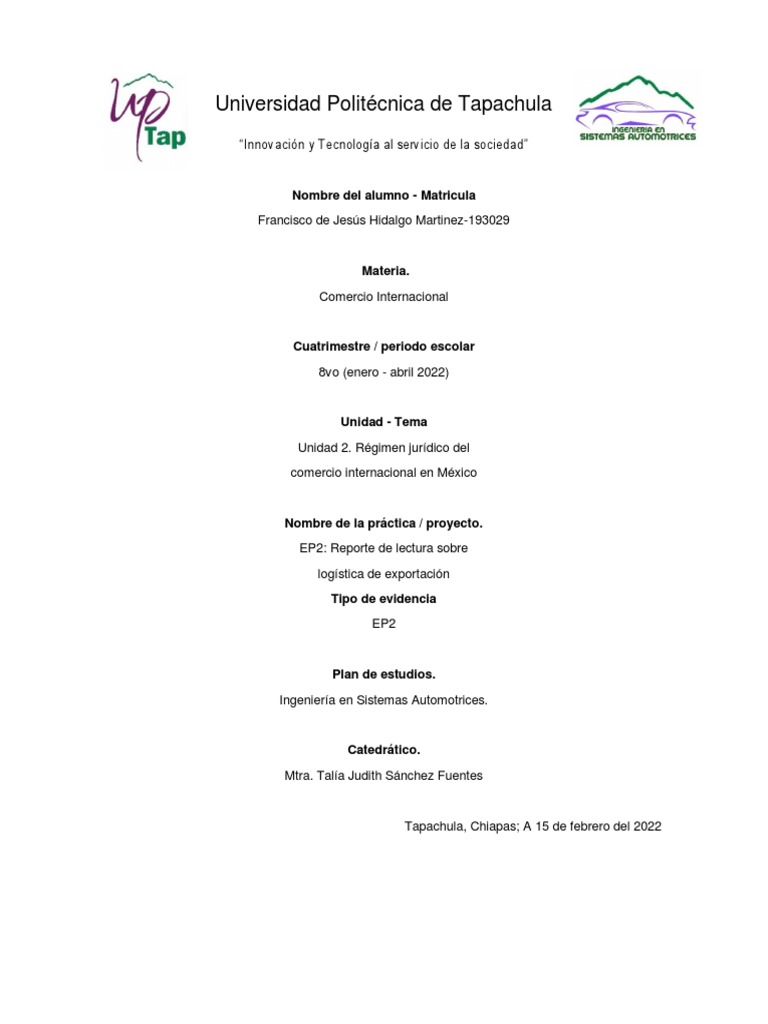 U2-Ep2. Hidalgo Martinez Francisco de Jesus.193029 | PDF | Logística | Exportaciones