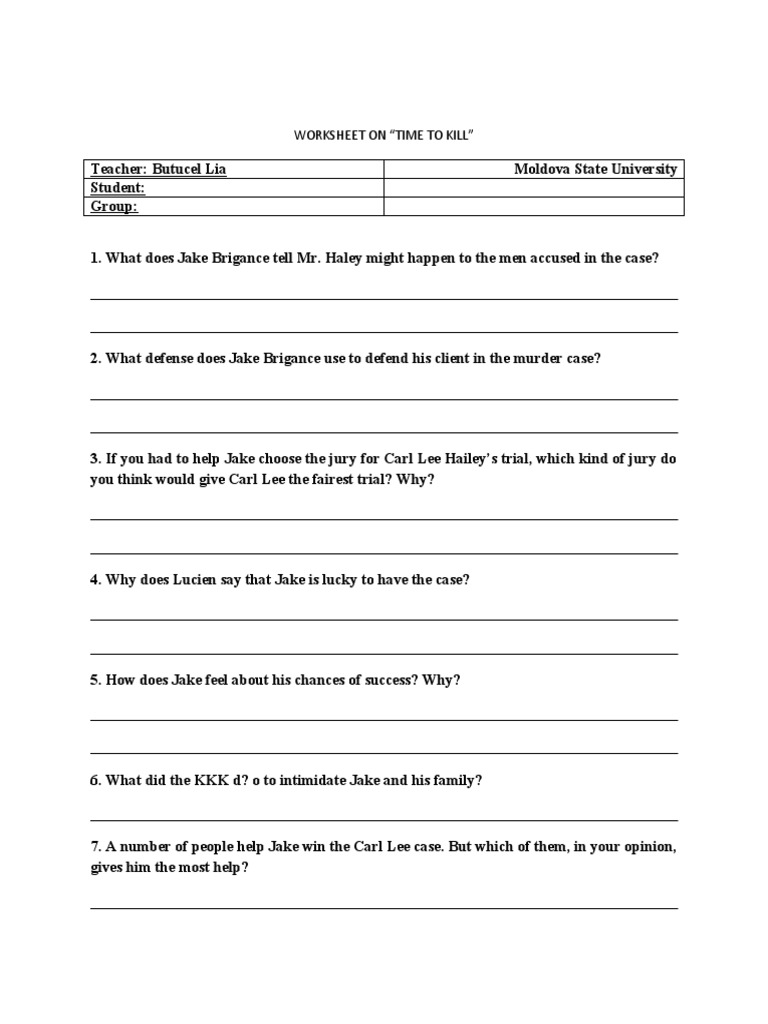 A Time To Kill Worksheet | PDF | Legal Procedure | Justice