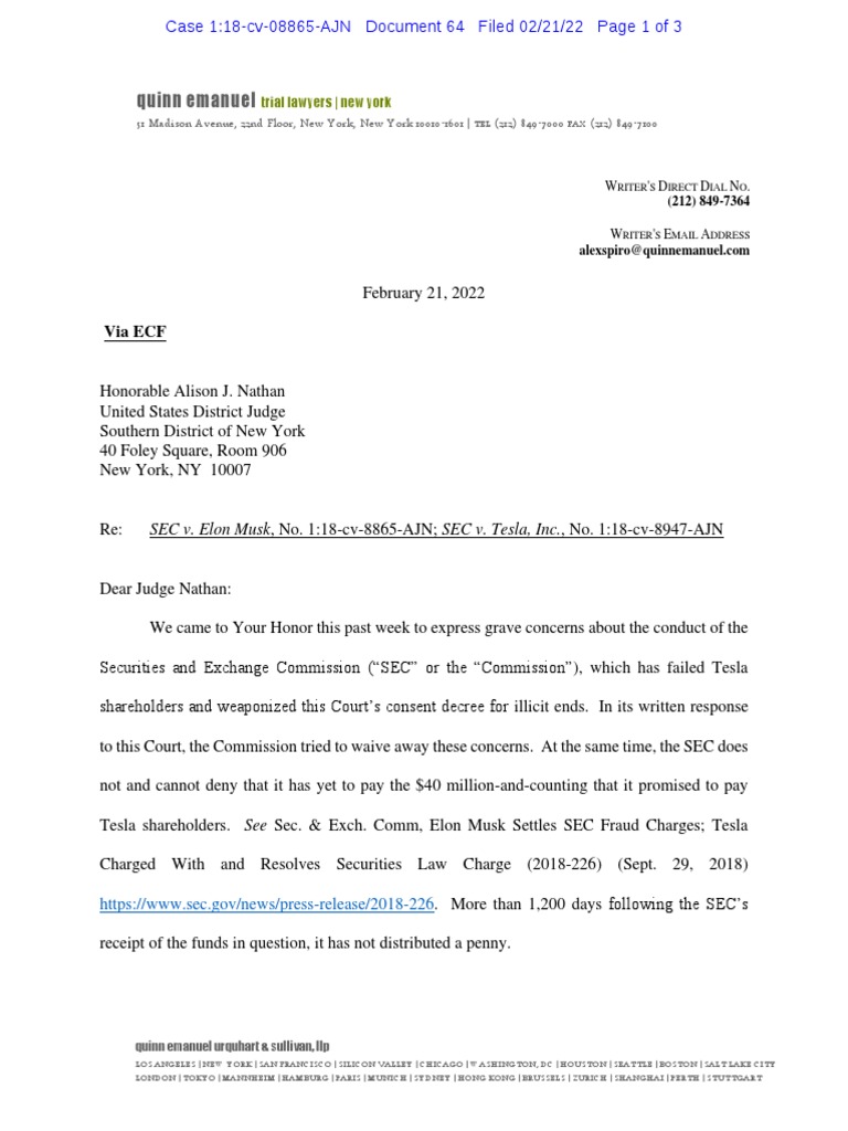 Elon Musk Letter About The SEC | PDF | U.S. Securities And Exchange ...