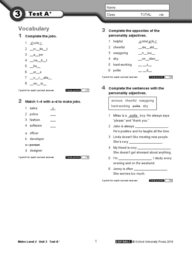 Metro Level 2 Unit 3 Test A One Star | PDF