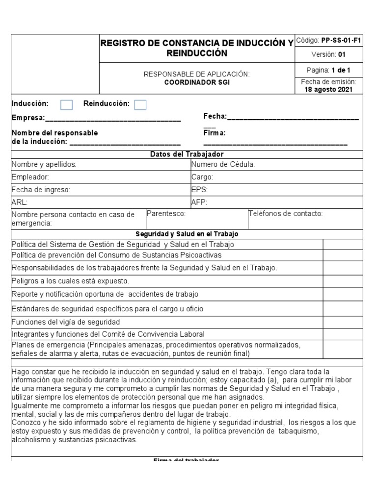 Registro de Inducción y Reinducción en SST V.01 | PDF | Derecho