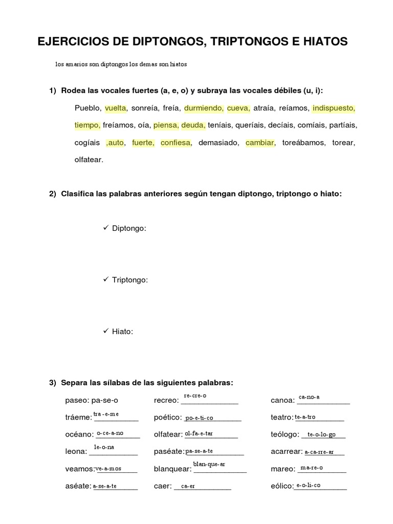 Ejercicios de Diptongos y Hiatos | PDF | Fonética | Voz humana