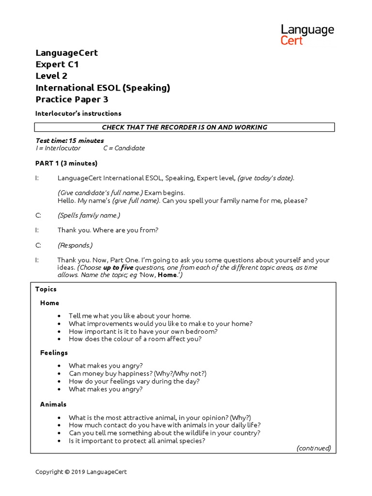 Languagecert Expert C1 Level 2 International Esol (Speaking) Practice ...
