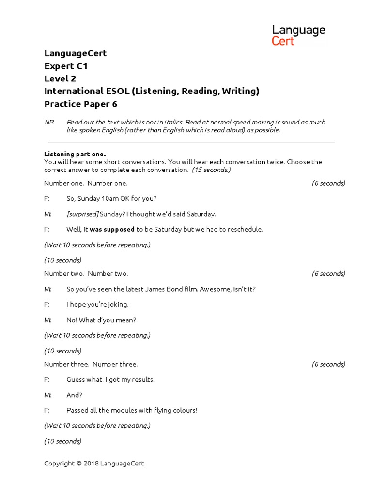 Languagecert Expert C1 Level 2 International Esol (Listening, Reading, Writing) Practice Paper 6 ...