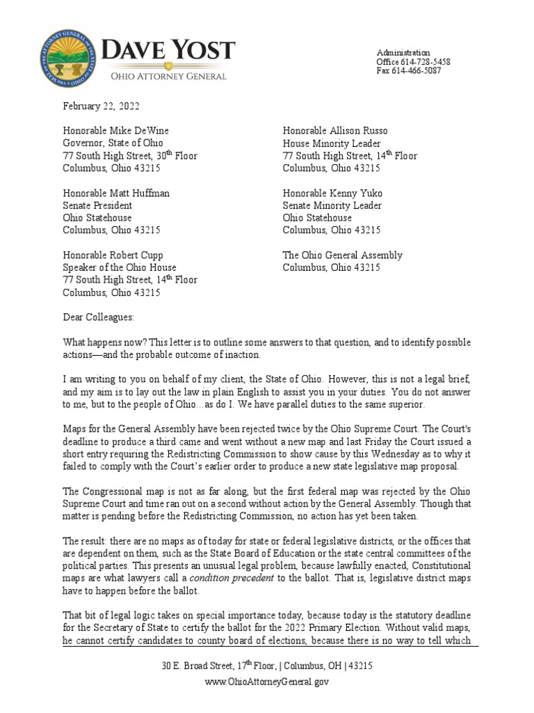 Letter To The Ohio General Assembly 2.22.2022 | PDF | Elections ...