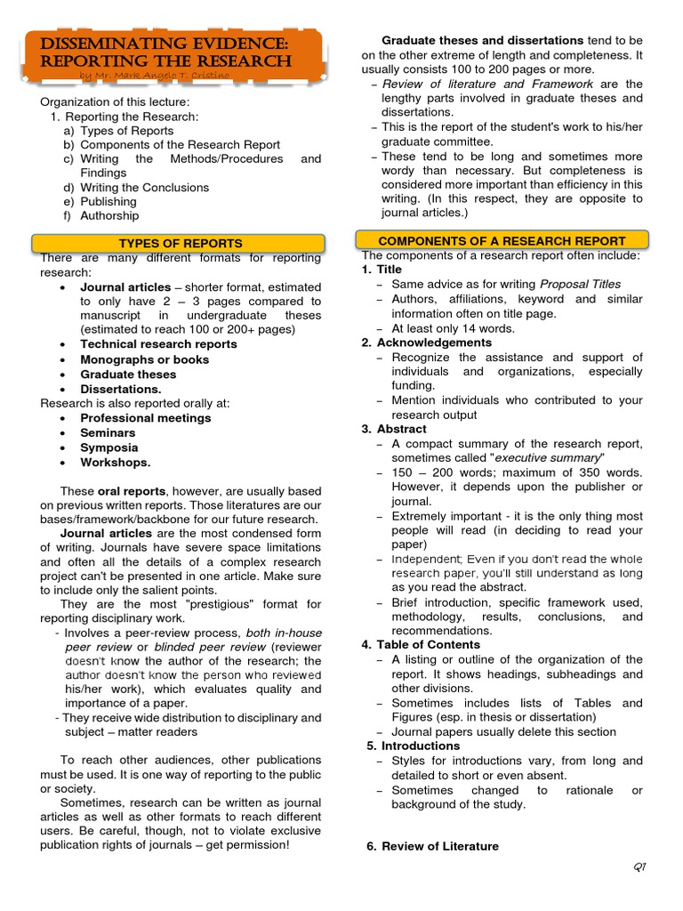 Disseminating Evidence: Reporting The Research: by Mr. Mark Angelo T ...