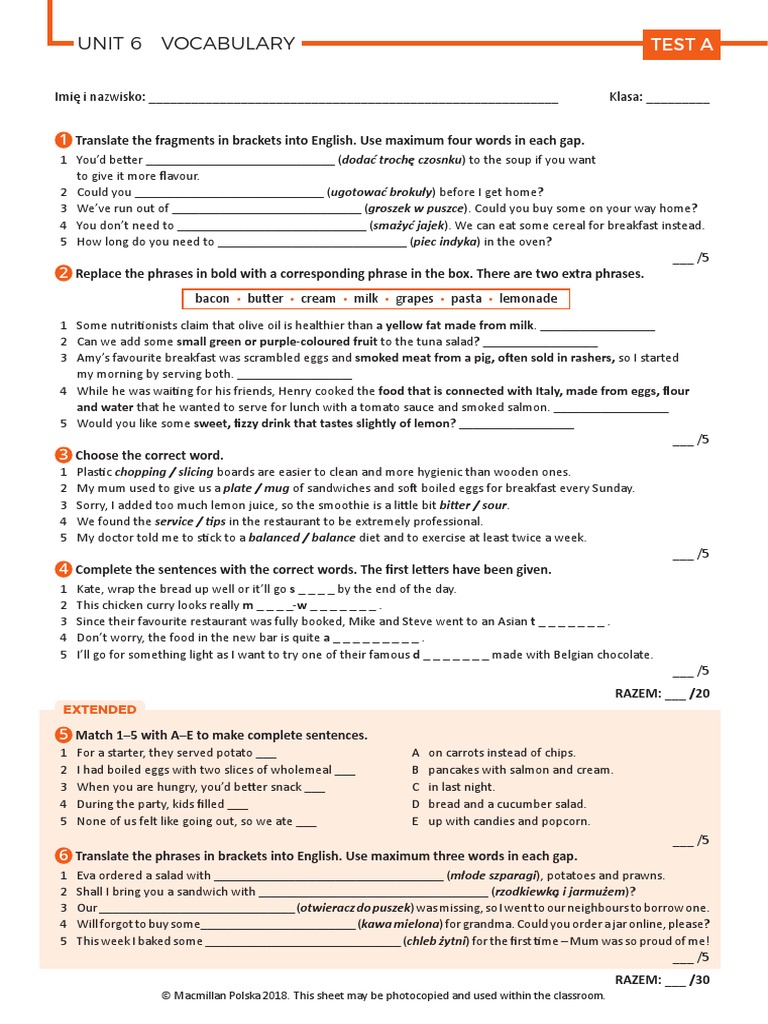 Unit 6 Vocabulary: Test A | PDF | Bacon | Cooking