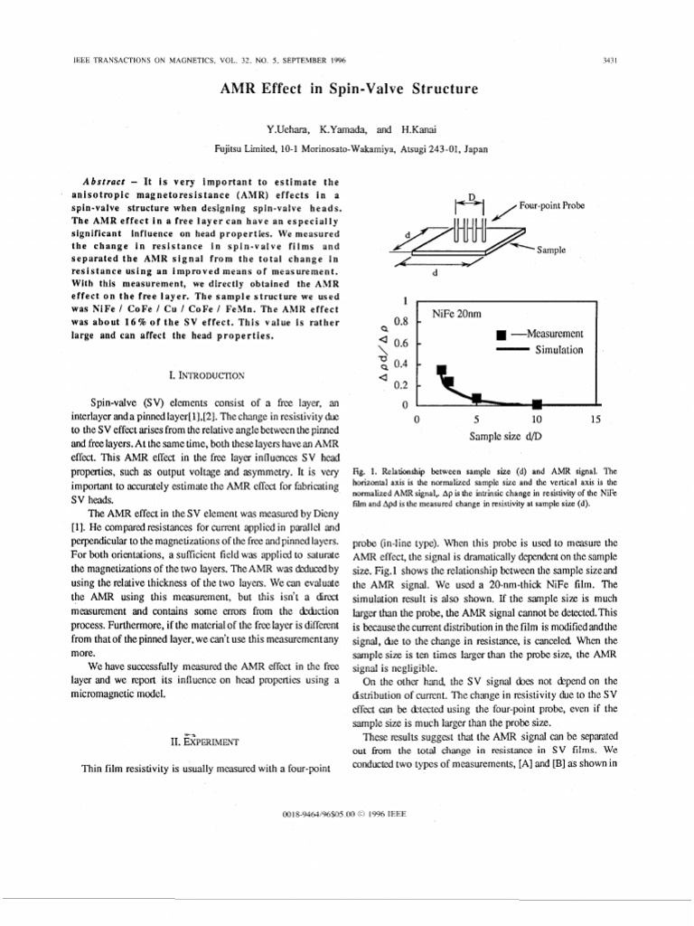 1996 - IEEE - AMR Effect in Spin-Valve Structure | PDF | Materials ...
