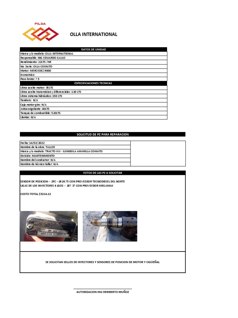 Solicitud de Sensor de Posicion y Sellos de Inyectores Olla | PDF | Tecnología