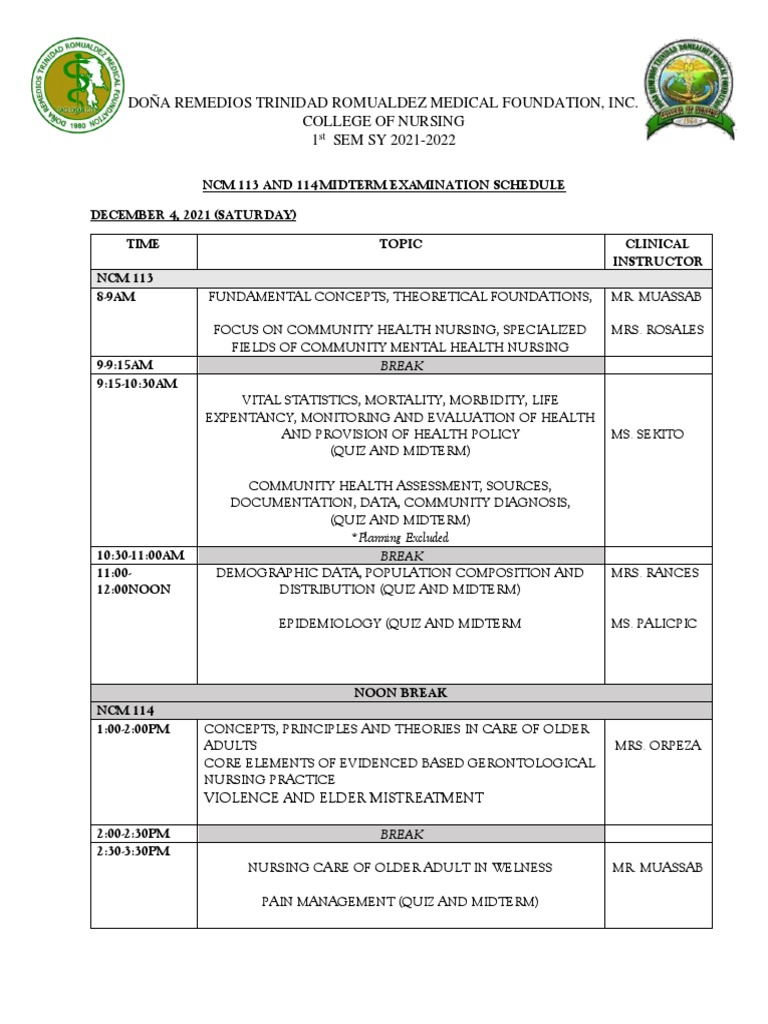 Revised Midterm Examination Schedule NCM 113 and 114 | PDF | Nursing | Public Services