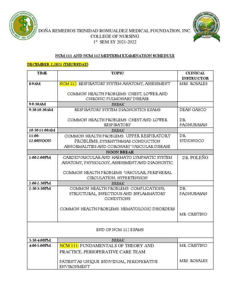 Revised Midterm Examination Schedule NCM 111 and 112 | PDF | Physical Examination | Nursing