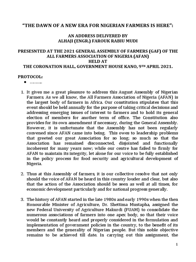 AFAN - GAF Kano - Draft Speech of President | PDF | Nigeria | Economies