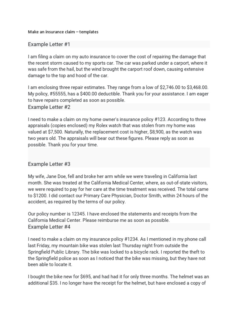 Make An Insurance Claim Letter Template | PDF | Insurance | Deductible