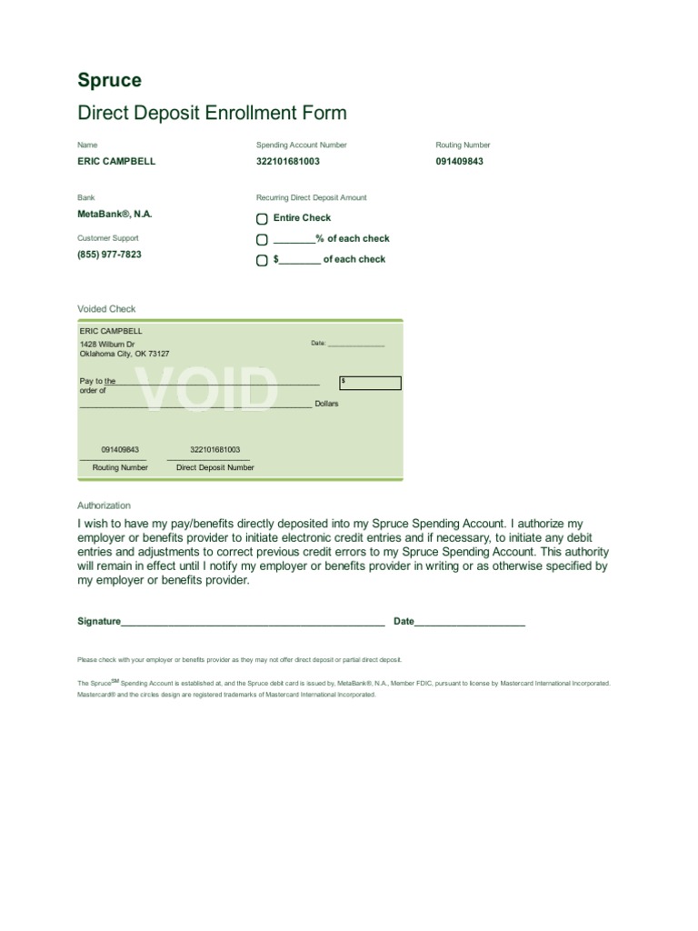 Spruce Direct Deposit Enrollment Form | PDF