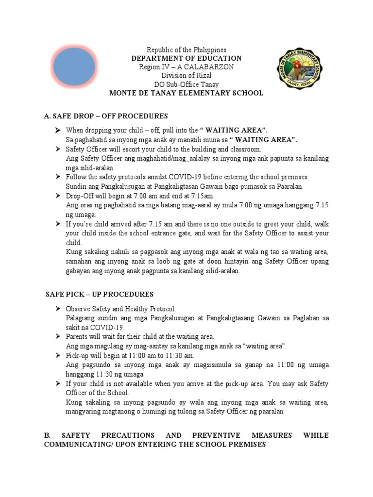 Drop Off and Pick Up Procedures | PDF | Health Sciences | Public Health