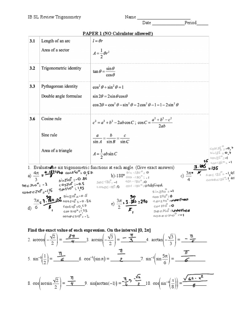 MathSLTrig Worksheet | Download Free PDF | Sine | Trigonometric Functions