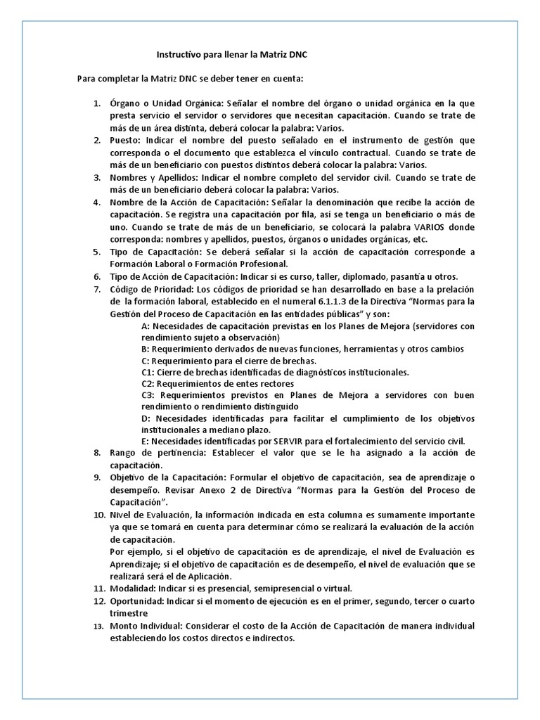 2 Instructivo para La Matriz DNC | PDF | Evaluación | Desarrollo profesional