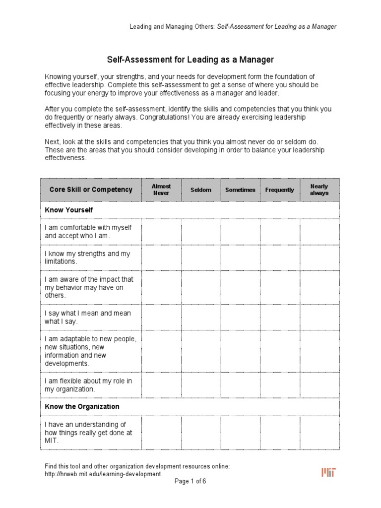Self-Assessment For Leading As A Manager | PDF | Goal | Leadership