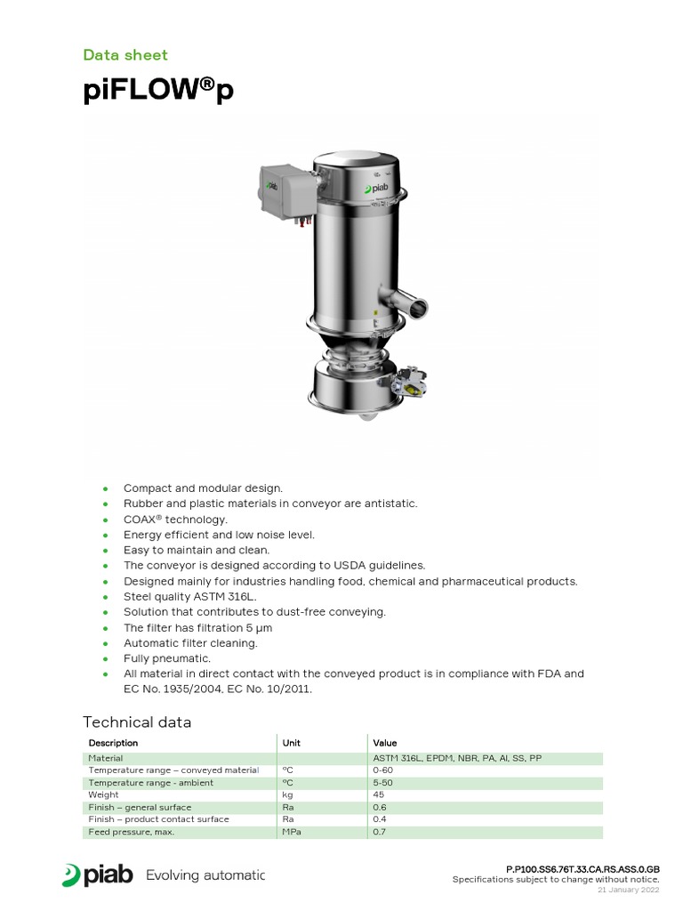 Piflow P: Data Sheet | PDF | Vacuum | Materials