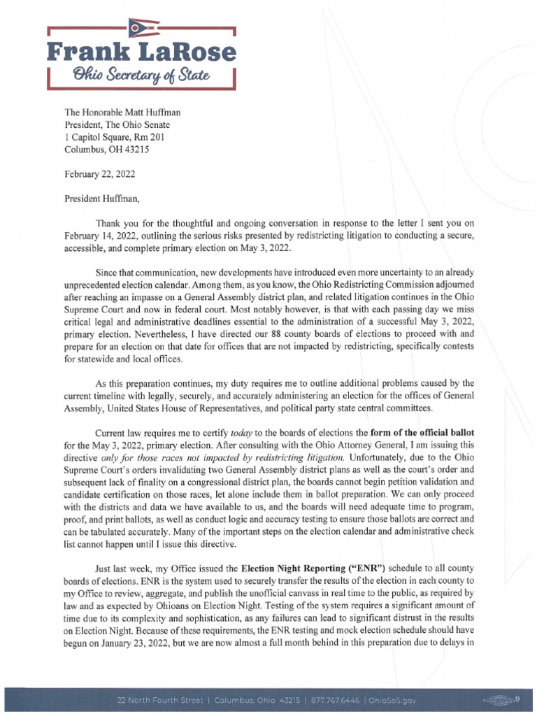 Ohio Secretary of State Frank LaRose Letter | PDF