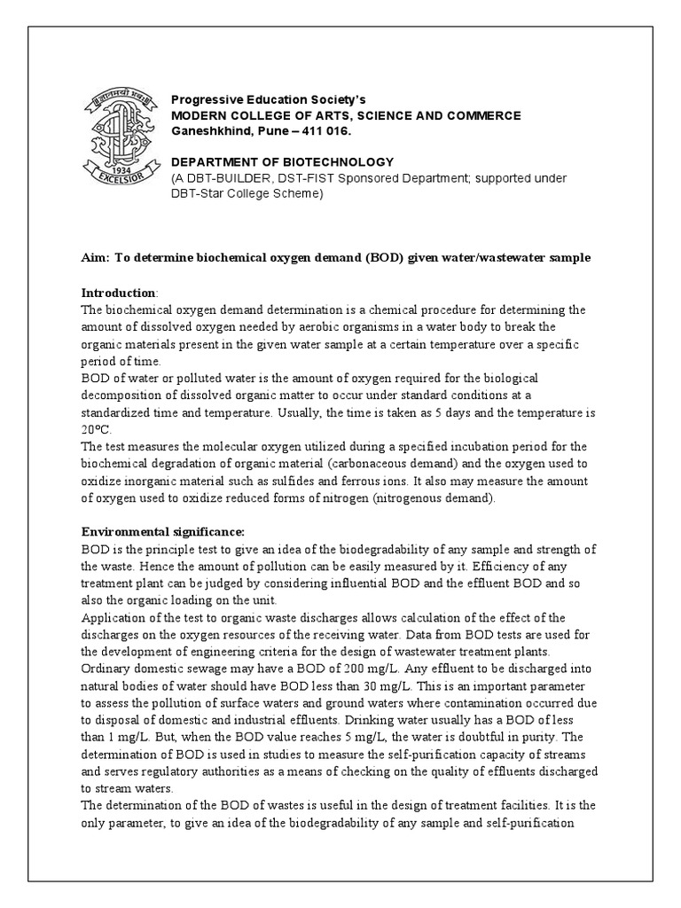 Aim: To Determine Biochemical Oxygen Demand (BOD) Given Water ...
