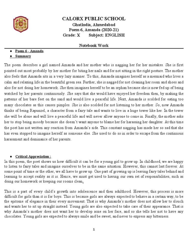 Calorx Public School: Ghatlodia, Ahmedabad Poem 6, Amanda (2020-21 ...