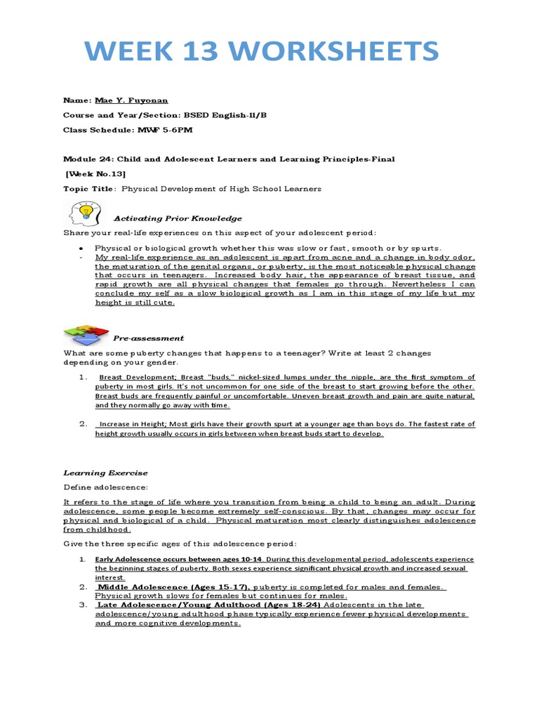 Week 13 & 14 Worksheets | PDF | Adolescence | Puberty