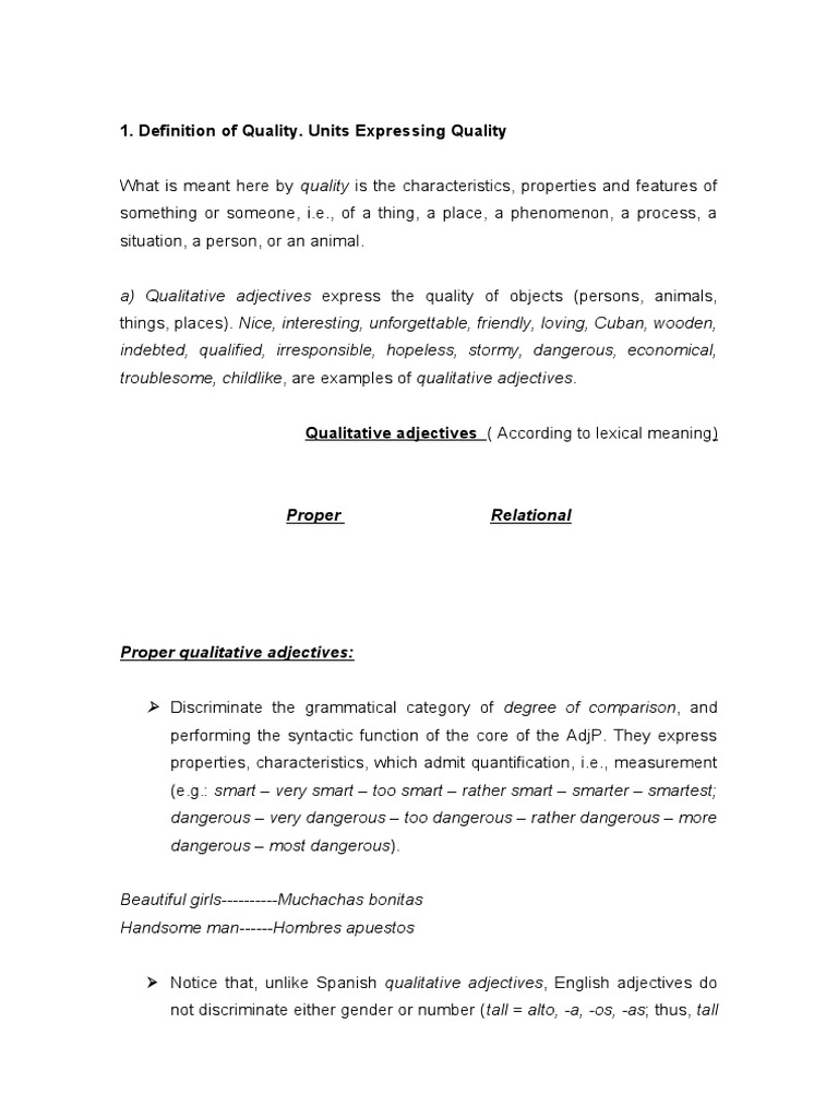 Definition of Quality. Units Expressing Quality: Proper Relational ...