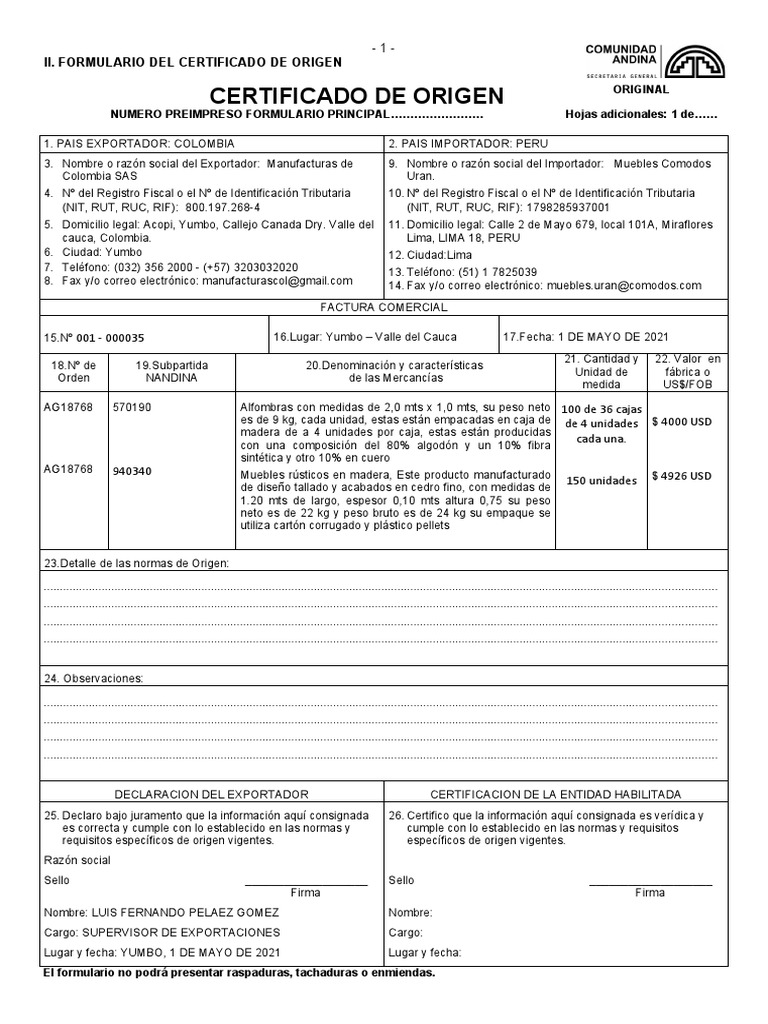 Ejemplo de Certificado de Origen Colombia | PDF