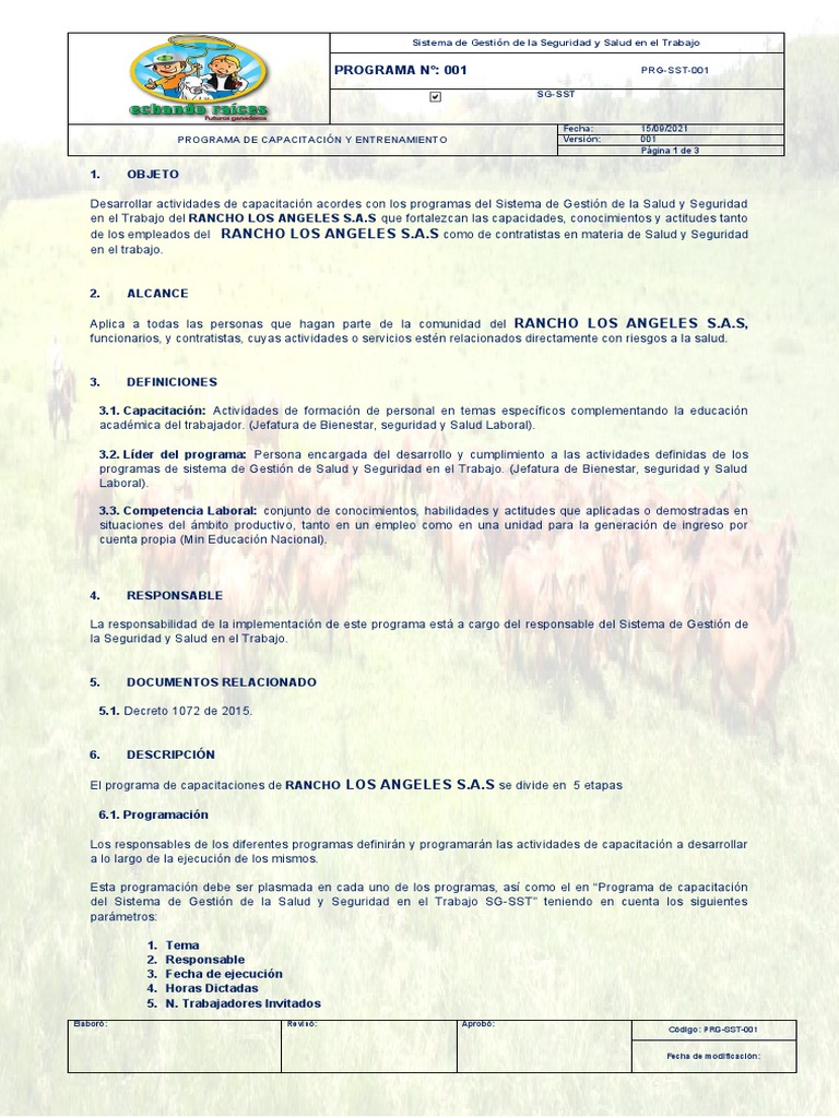 PRG-SST-001 Programa de Capacitación y Entrenamiento | PDF
