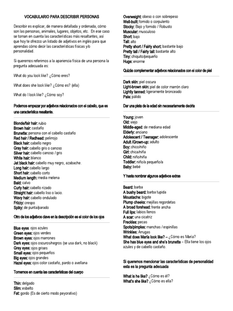 Vocabulario para Describir Personas | PDF | Cuerpo humano | Cabeza y ...