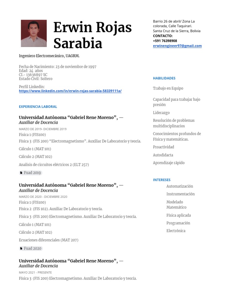 CV Erwin Rojas Sarabia2022 | PDF | Universidad | Ingeniería