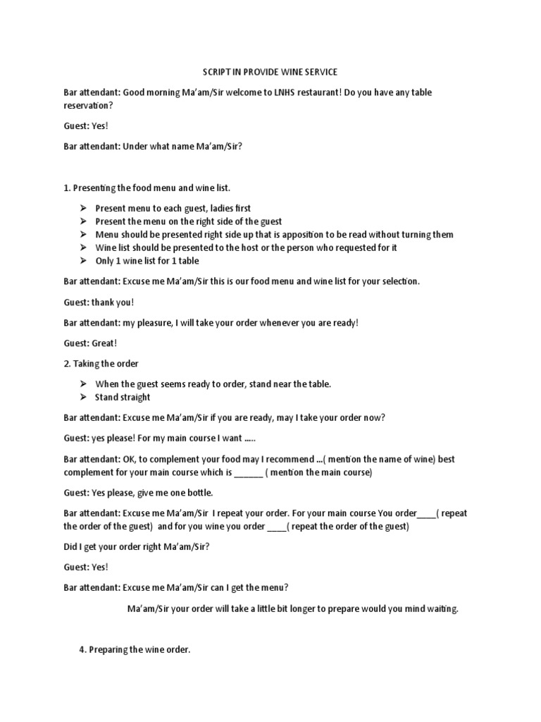 Script in Provide Wine Service | PDF | Menu | Wine