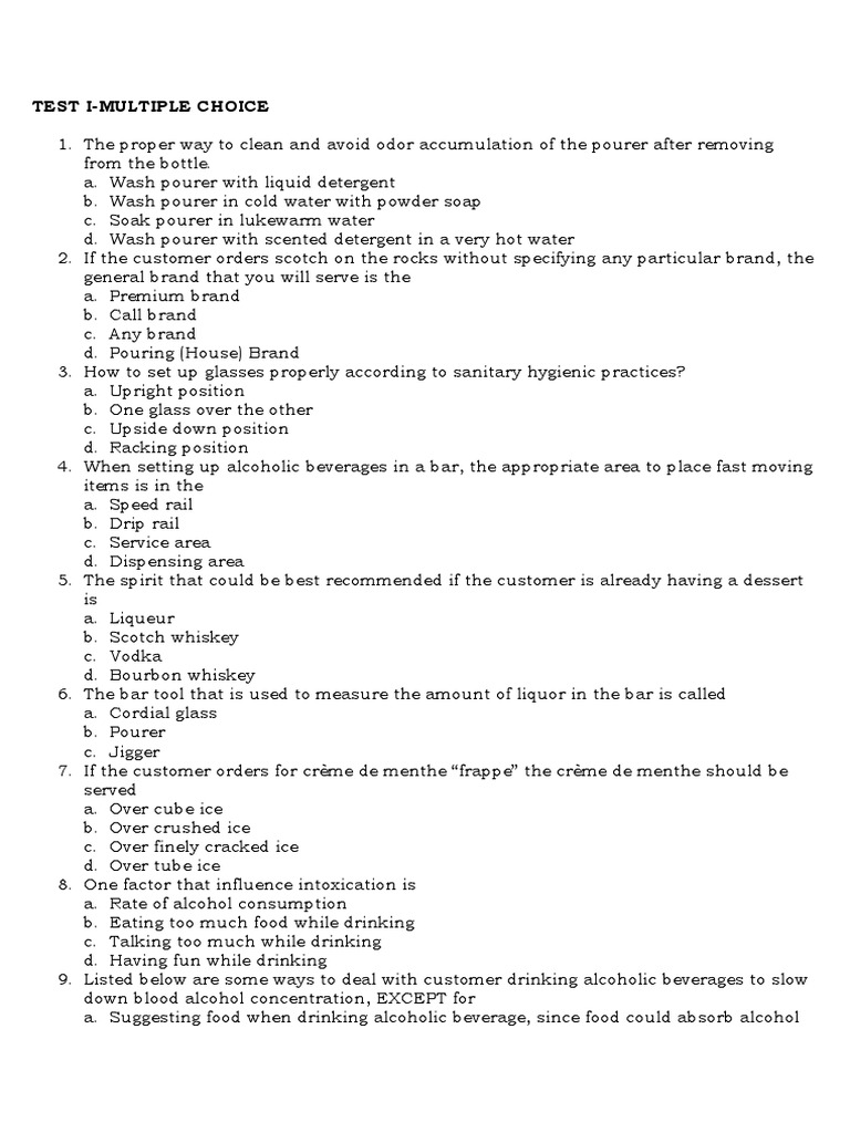 Test I-Multiple Choice | PDF | Drink | Cocktails