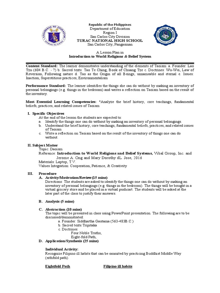 Lesson Plan Daoism | PDF | Noble Eightfold Path | Tao