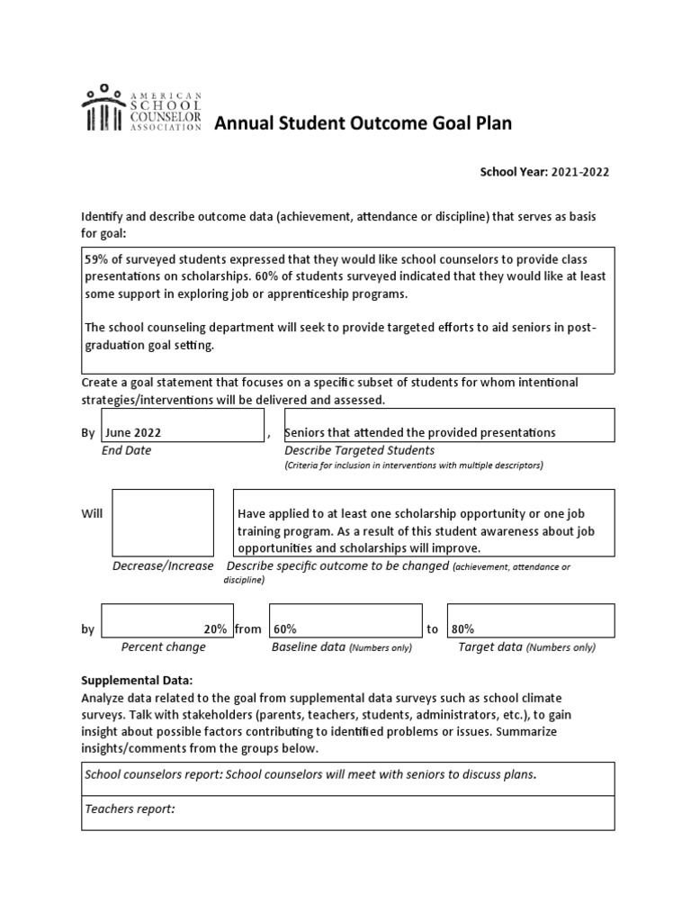 Annual Student Outcome Goals for Seniors | PDF | School Counselor | Goal