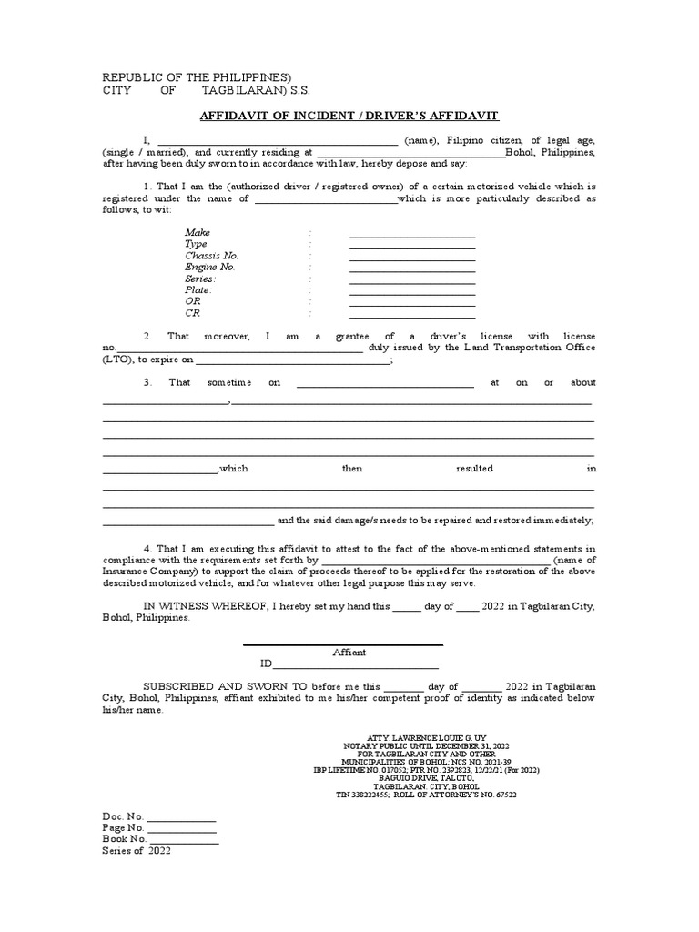 Driver's Affidavit Blanks | PDF | Affidavit | Civil Law (Common Law)