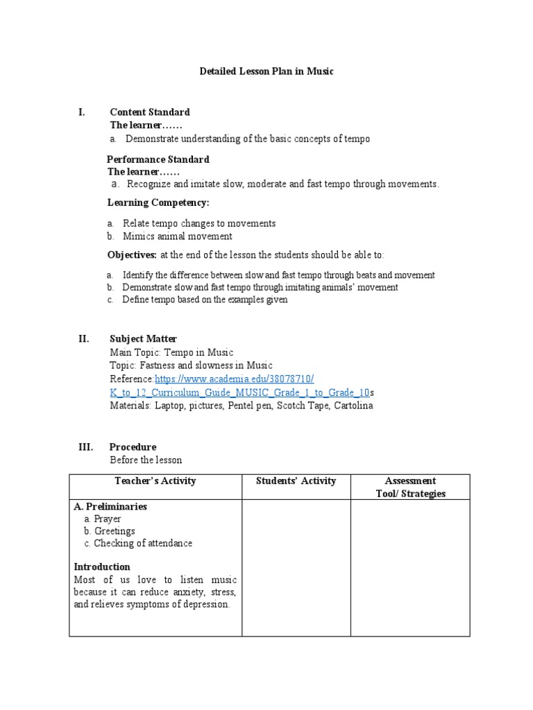 Grade 4 Music Lesson Plan: Tempo | PDF | Tempo | Lesson Plan
