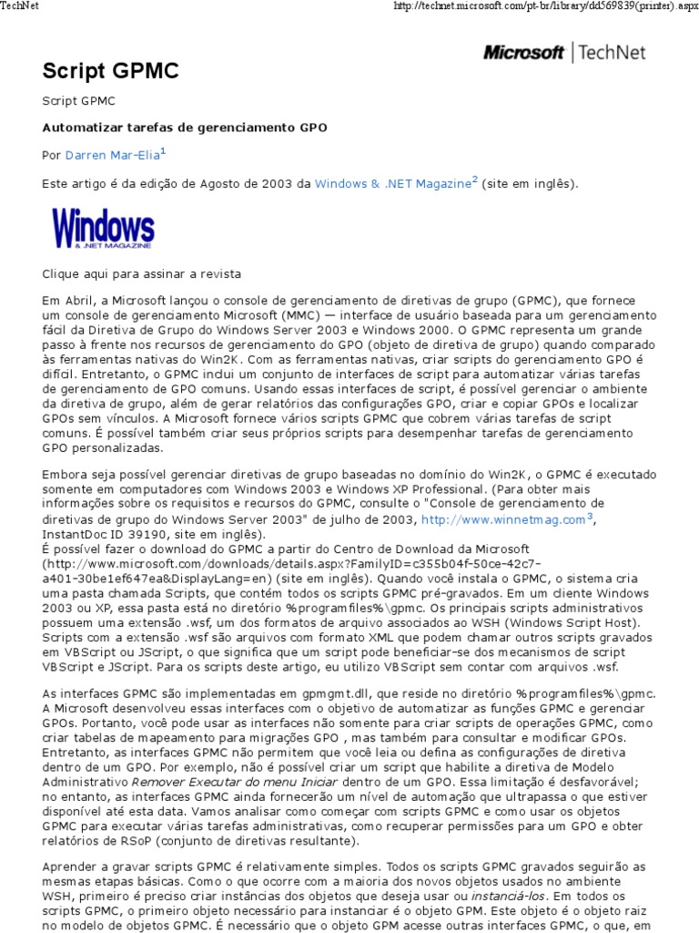 Script para GPMC (Gpedit) | PDF | Linguagem de script | Windows Server 2003