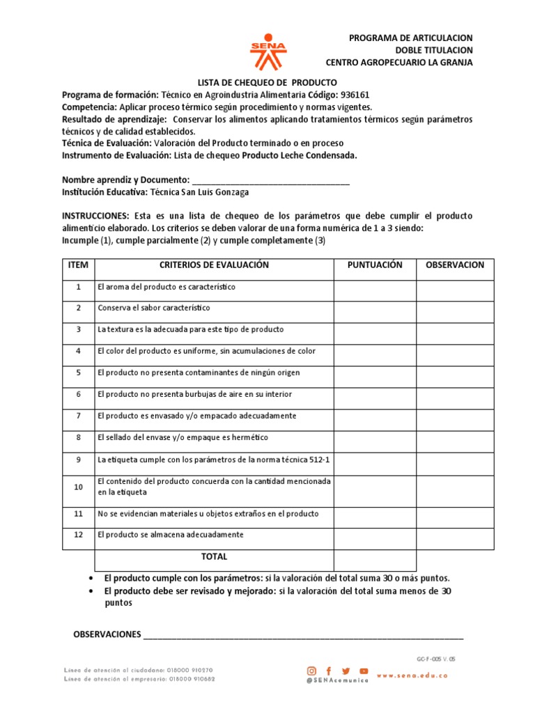 Lista de Chequeo Leche Condensada | PDF | Evaluación | Leche