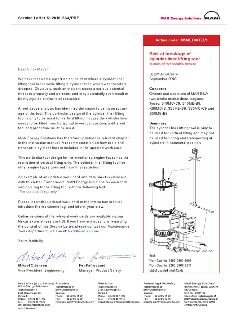 Service Letter SL2018-664/PRP: Risk of Breakage of Cylinder Liner ...