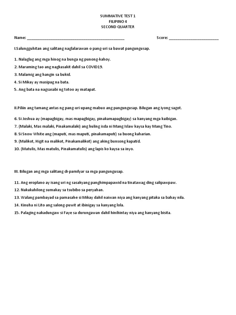 Filipino 4 Summative Test 1-4 (2nd Quarter) | PDF