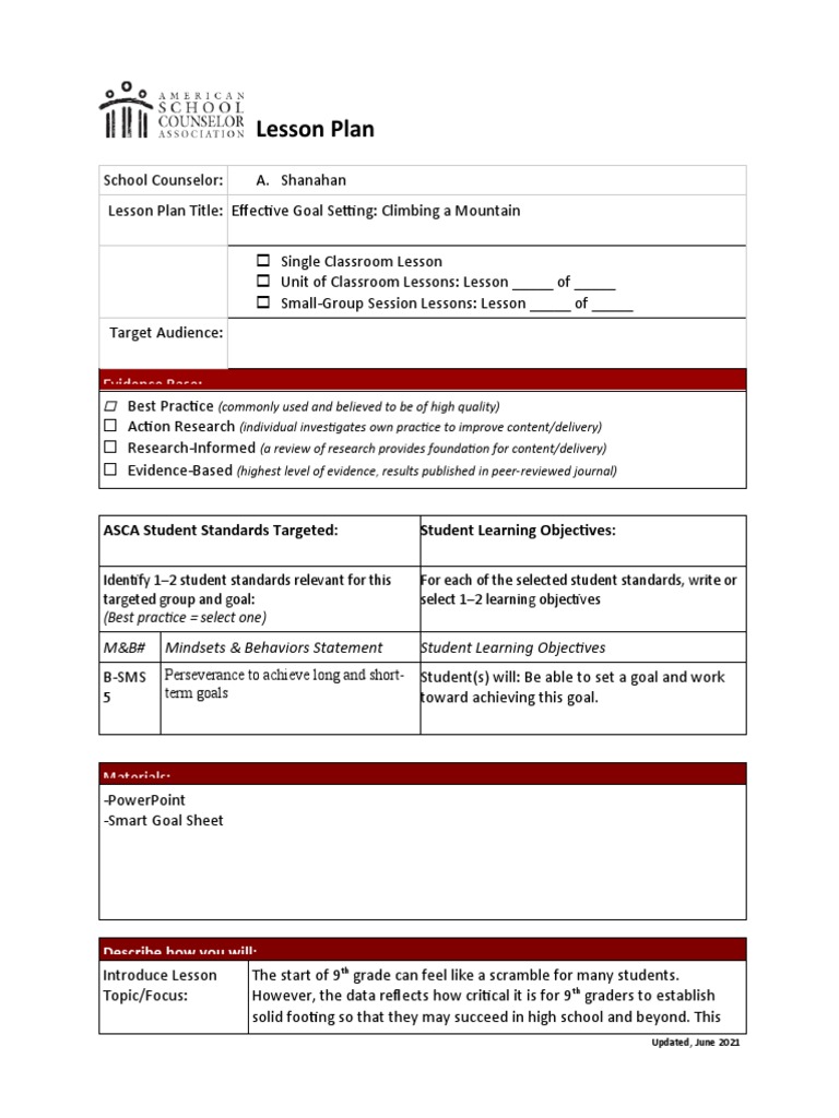 Lesson Plan: Evidence Base | PDF | Goal | School Counselor