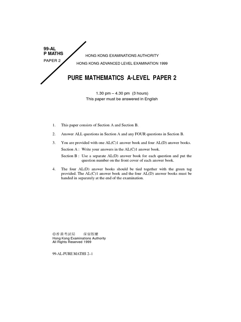 Pure Mathematics A-Level Paper 2: 99-AL P Maths | PDF | Function ...