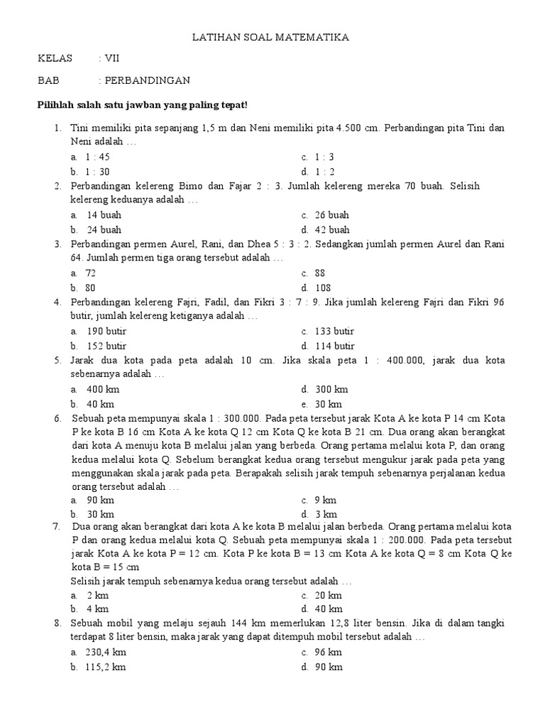 Kelas 7 Latihan Soal Perbandingan | PDF